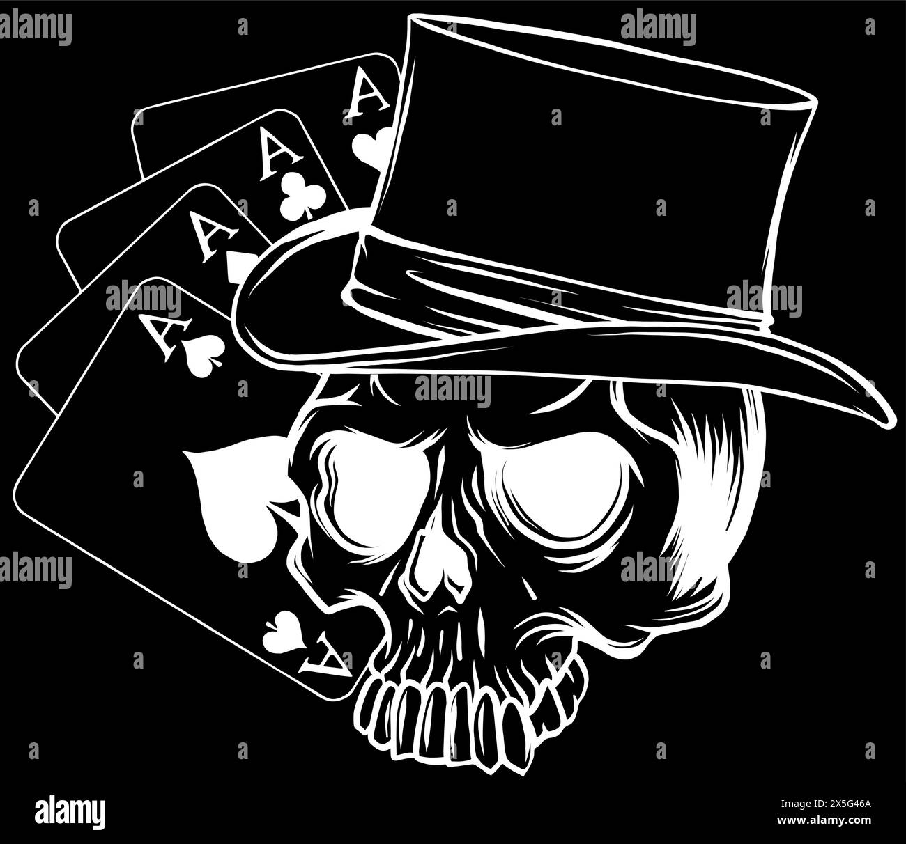 white silhouette of Gentleman skull in cylinder hat with aces poker on ...