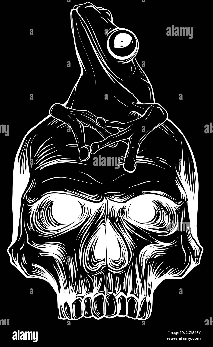 white silhouette of frog on human skull vector illustration design on ...