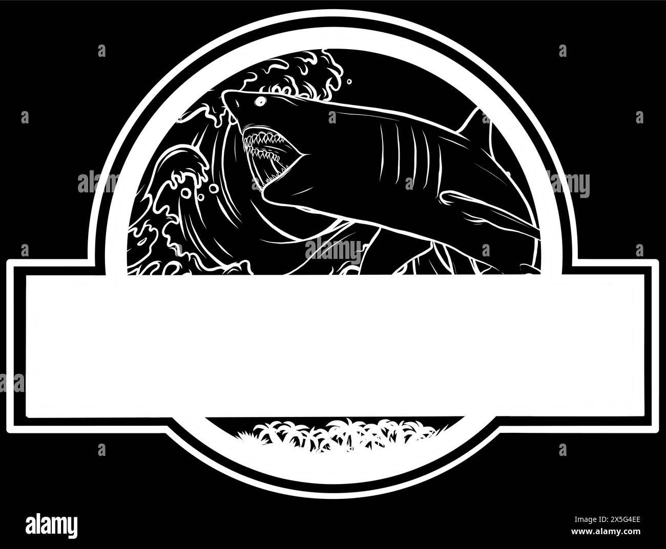 white silhouette of white Shark fish logo with wave on black background ...