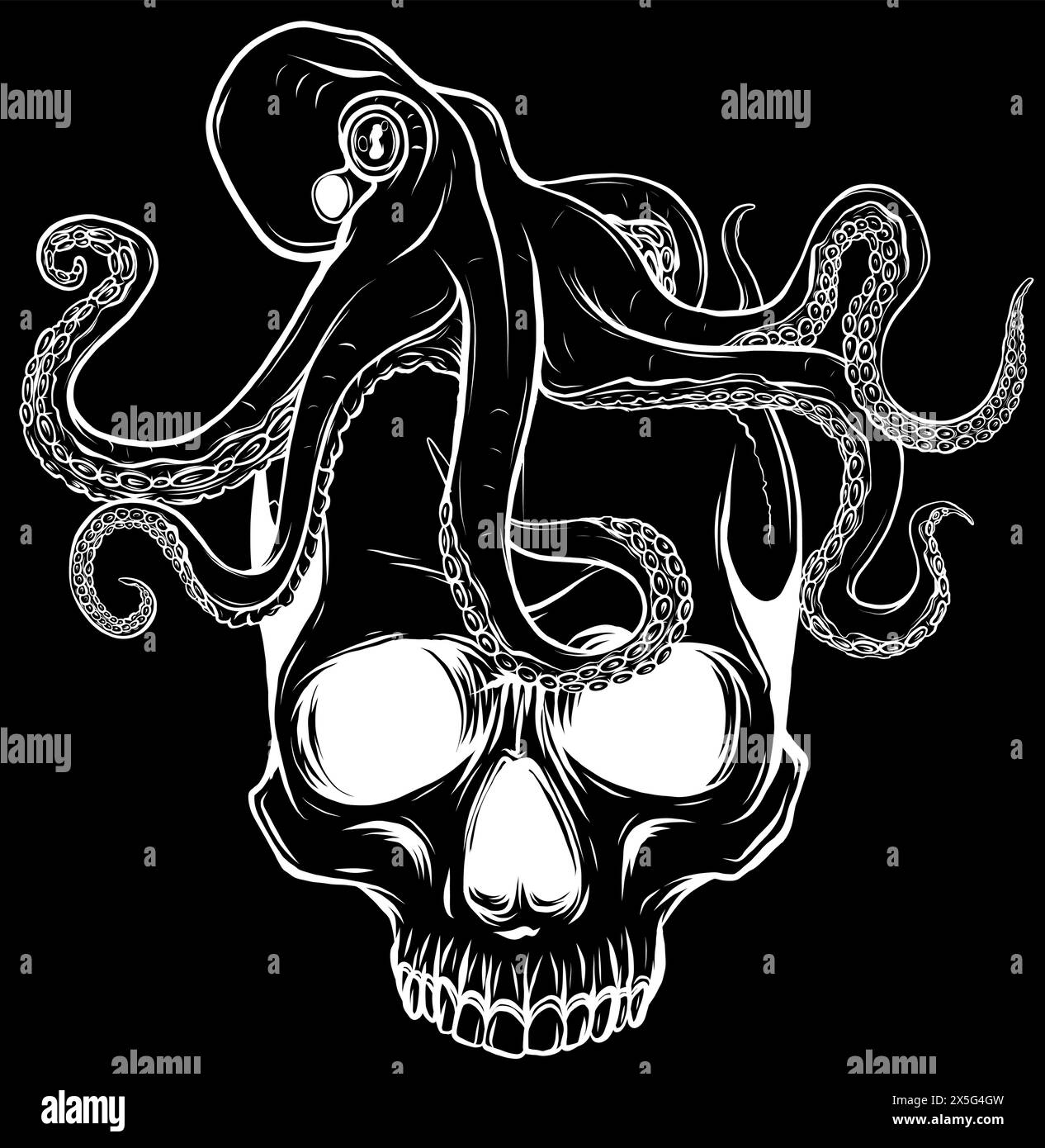white silhouette of Octopus on human skull engraving vector ...