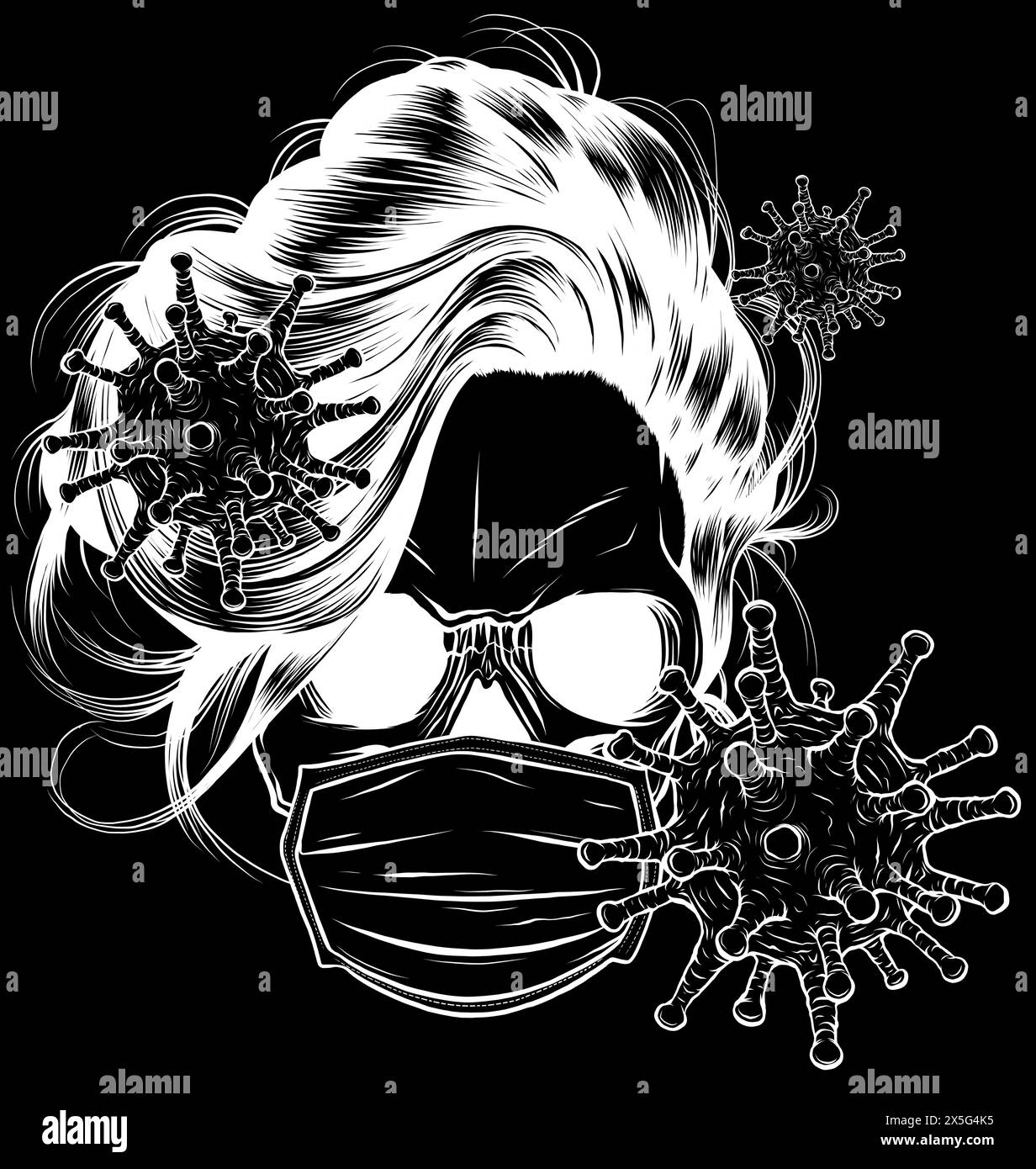 white silhouette of Skull face in medical face mask with virus. Vector ...