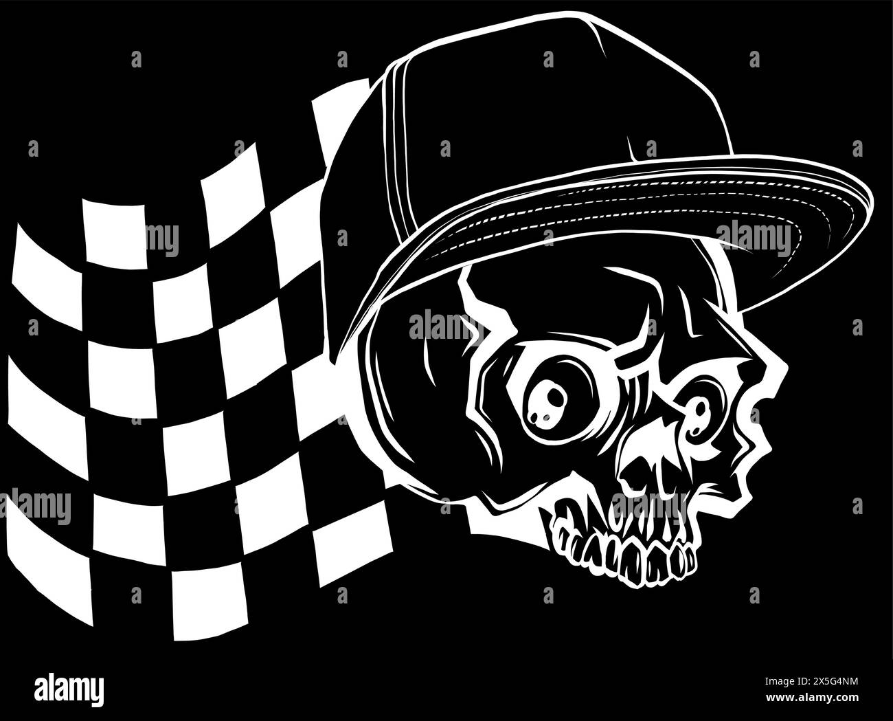 white silhouette of human Skull with race Flag and bonnet on black ...