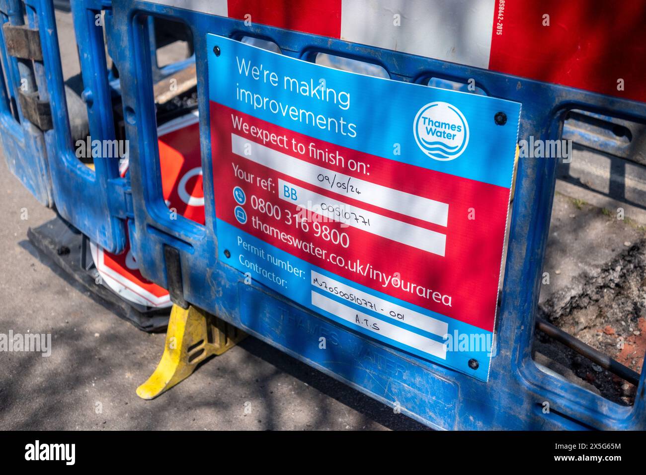 Thames Water notice on road works - over a pavement - 9th May 2024 ...