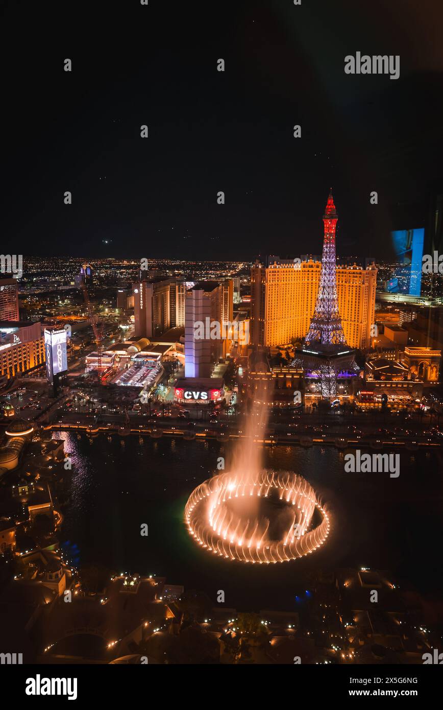 Aerial Night View Las Vegas Strip Fountains and Eiffel Tower Stock Photo - Alamy