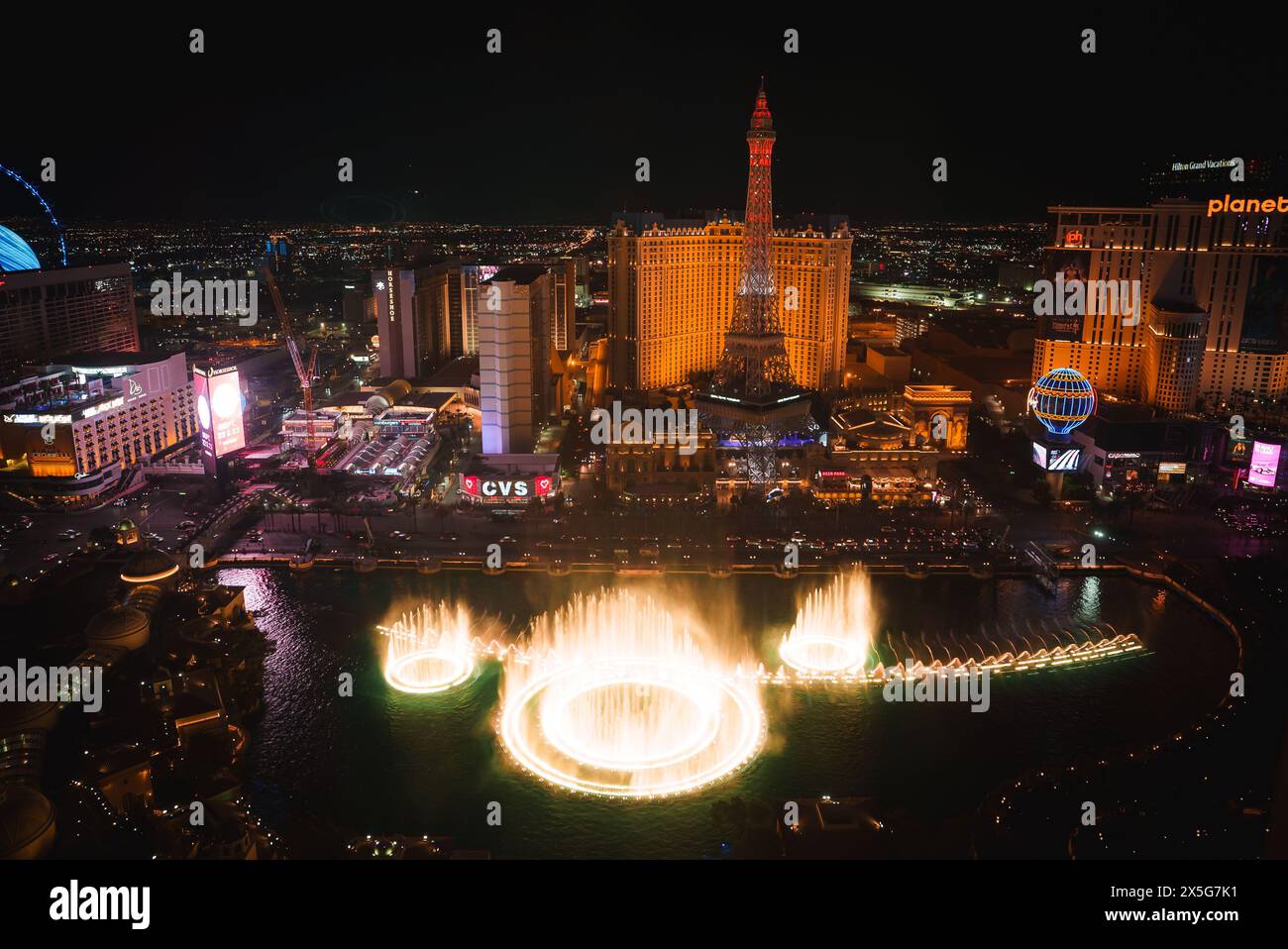 Vibrant Night View of Las Vegas Strip, Bellagio Fountains and Eiffel Tower Stock Photo - Alamy