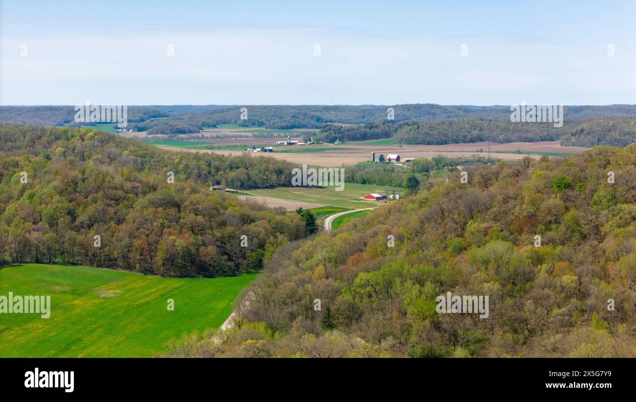 Aerial photograph of the Baraboo Hills near Natural Bridge State Park ...