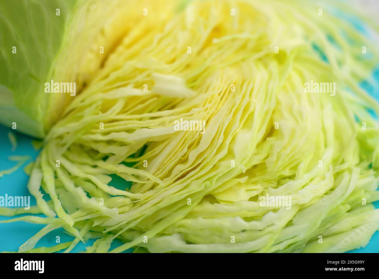 Kitchen preparation: Sliced white cabbage on a cutting surface for a ...
