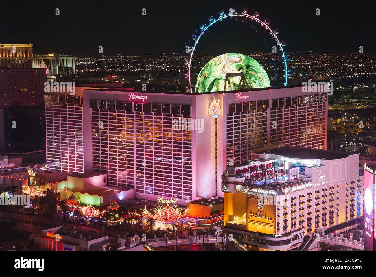 Vibrant Night View of Las Vegas Strip with Flamingo Hotel and High Roller Stock Photo - Alamy
