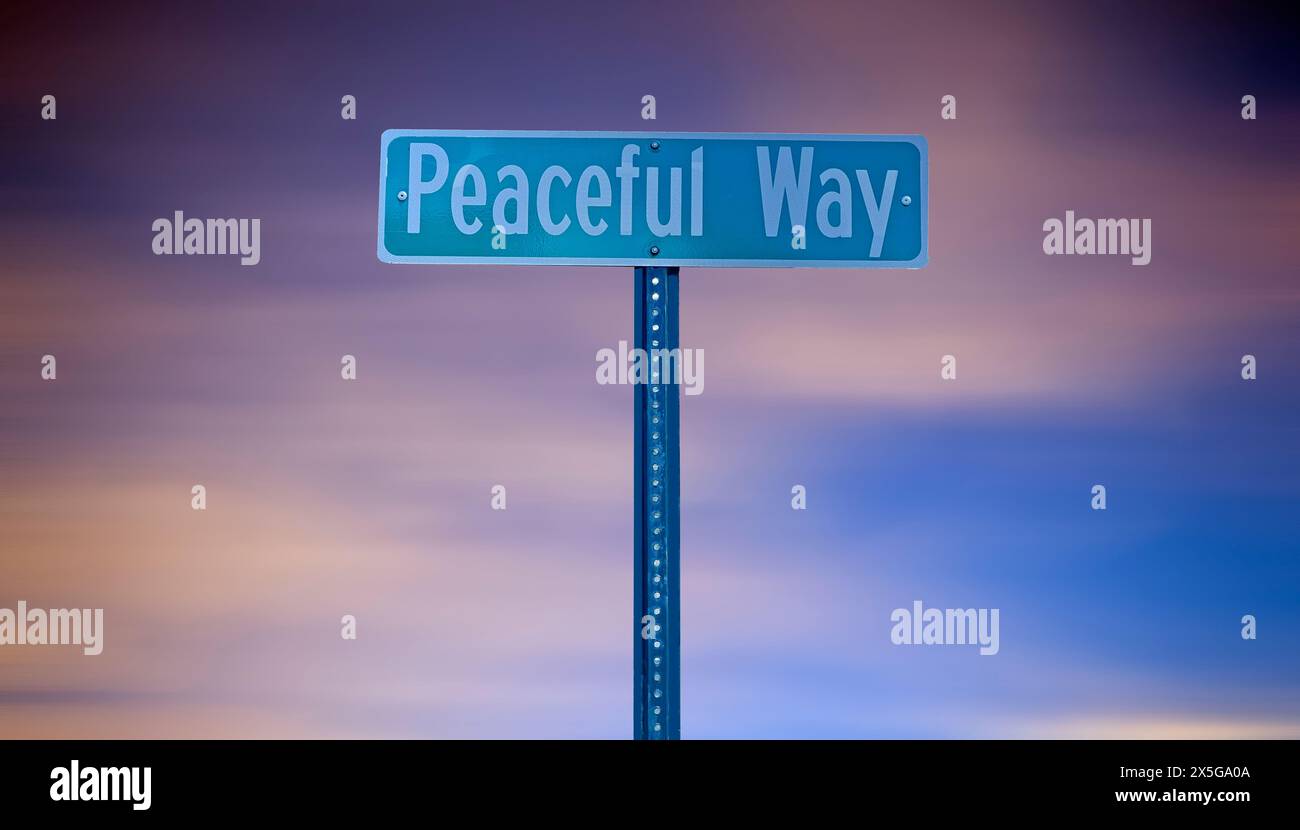 A blue street sign displaying the name Peaceful Way stands tall against ...