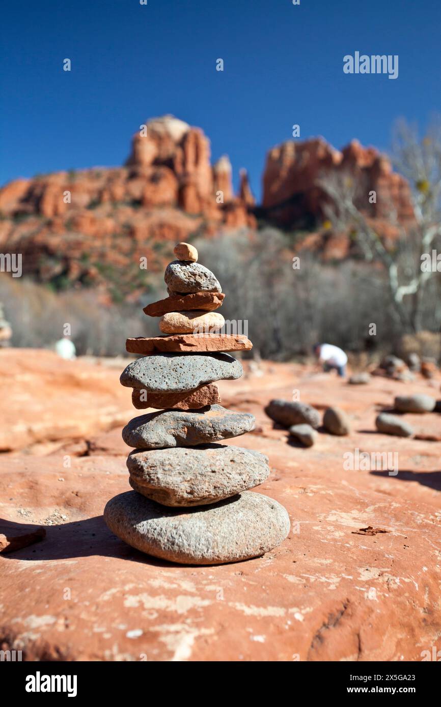 Balanced rocks constructed on Buddah Beach in Sedona's Oak Creek Canyon ...