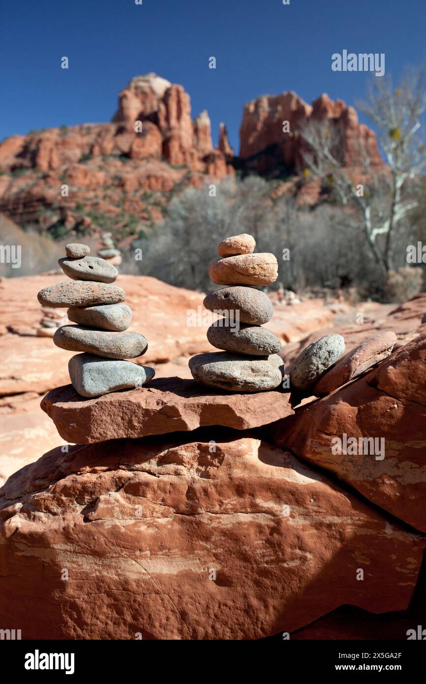 Balanced rocks constructed on Buddah Beach in Sedona's Oak Creek Canyon ...