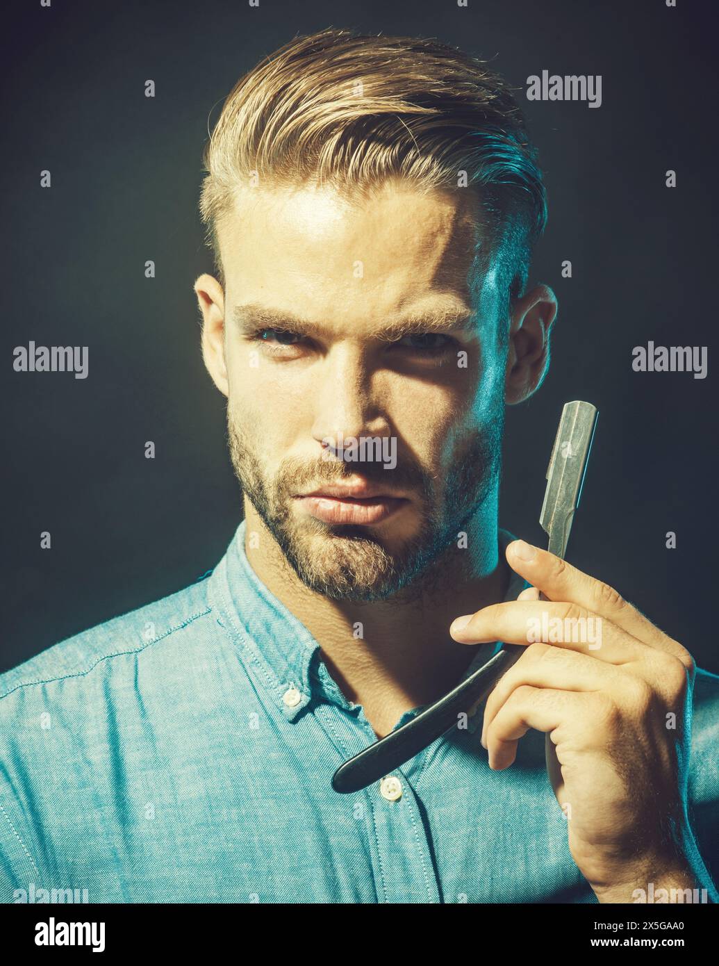 Beauty industry, home skin care concept. Portrait of unshaven man ready ...