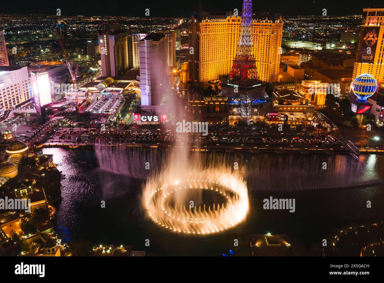 Vibrant Aerial Night View of Las Vegas Strip, Bellagio Fountain Show Stock Photo - Alamy