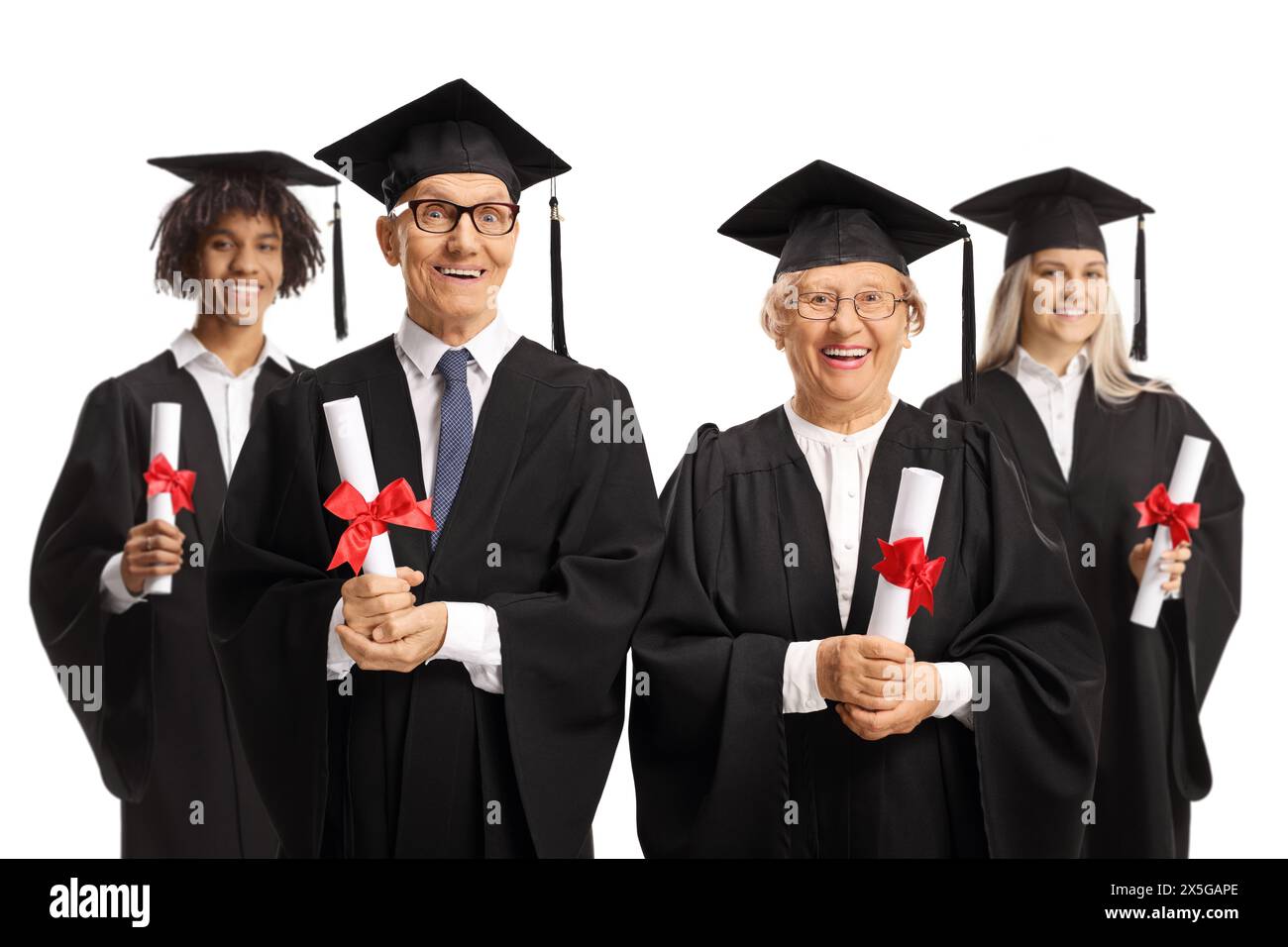 Seniors with young graduate students holding college certificates ...