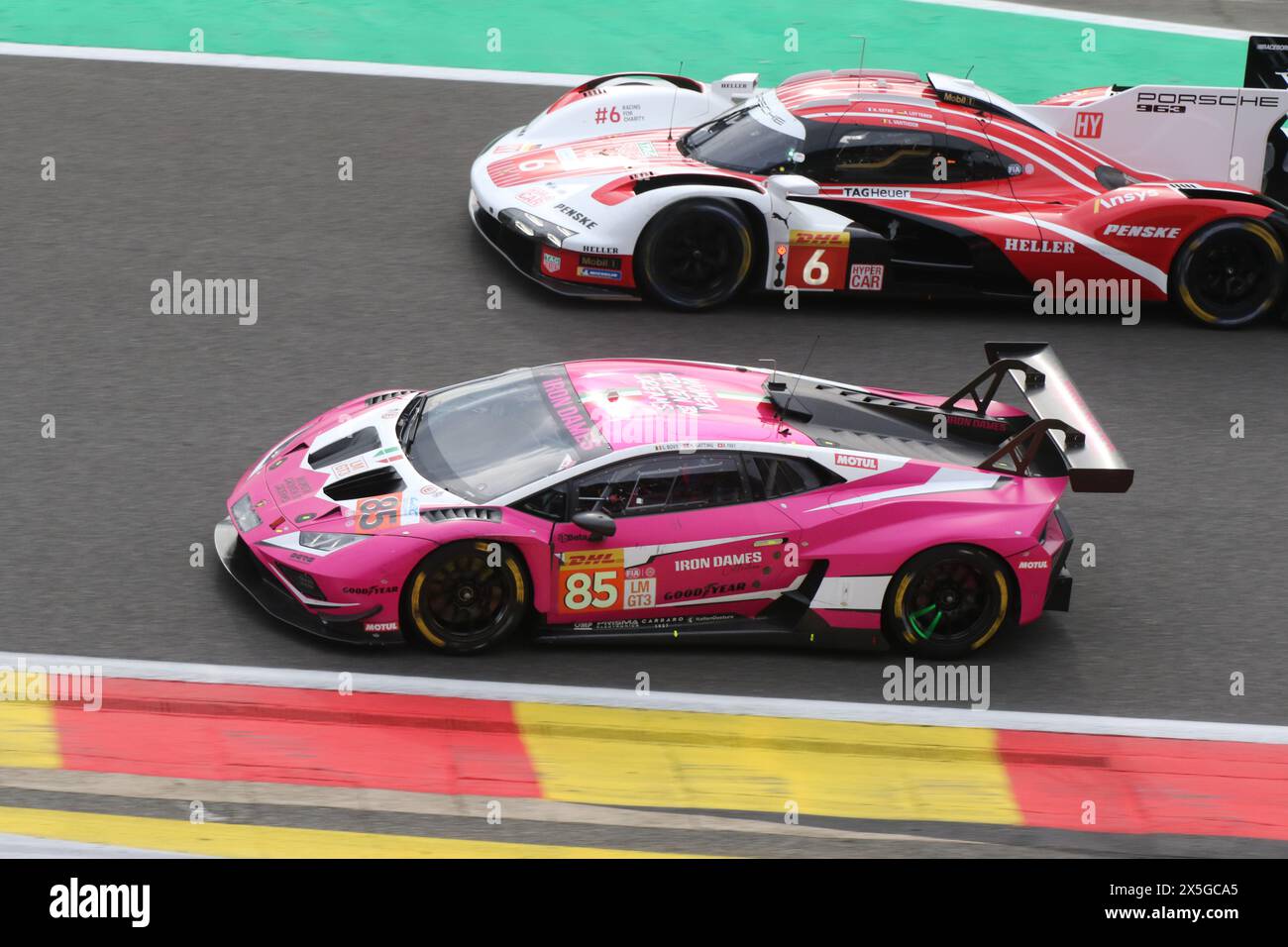 Iron Dames Lamborghini Huracan and Penske Porsche Motorsport 963 at Eau Rouge Spa Francorchamps ...