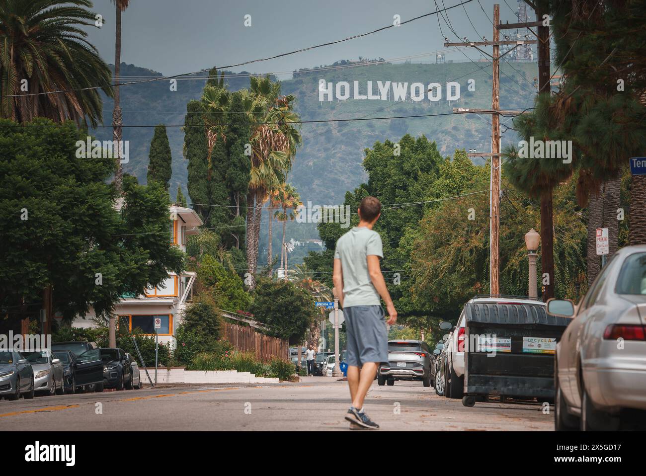 Person on Residential Street in Los Angeles, Gazing at Hollywood Sign ...