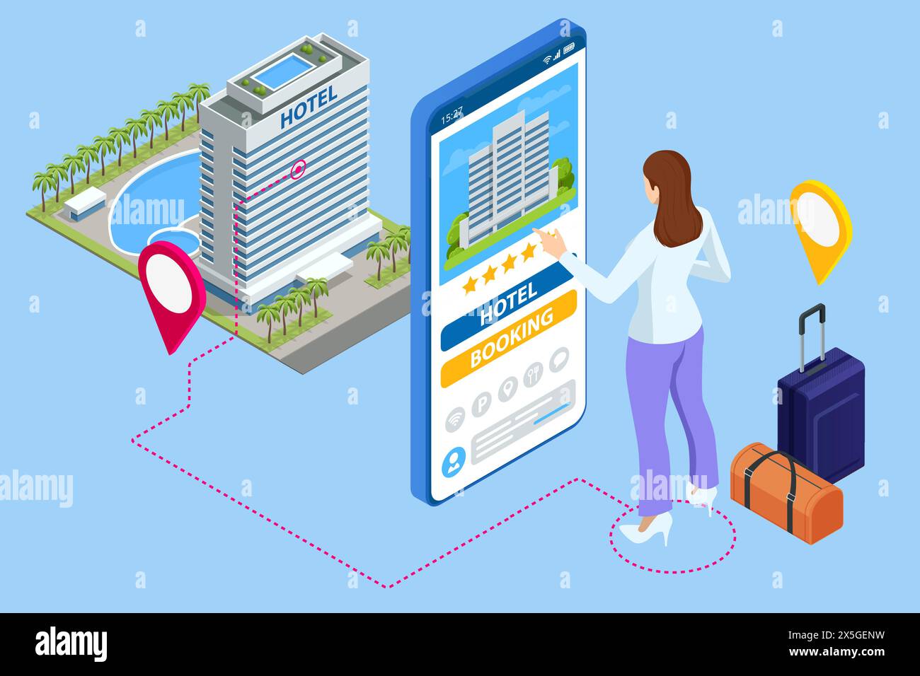 Isometric online hotel booking concept. Young woman holding a ...