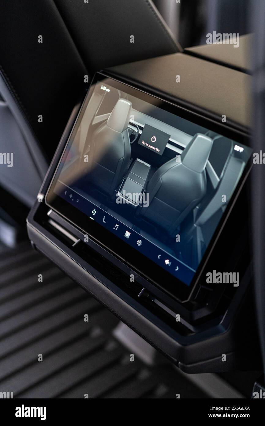 Advanced Rear Seat Screen Interface in Tesla Cybertruck Stock Photo - Alamy