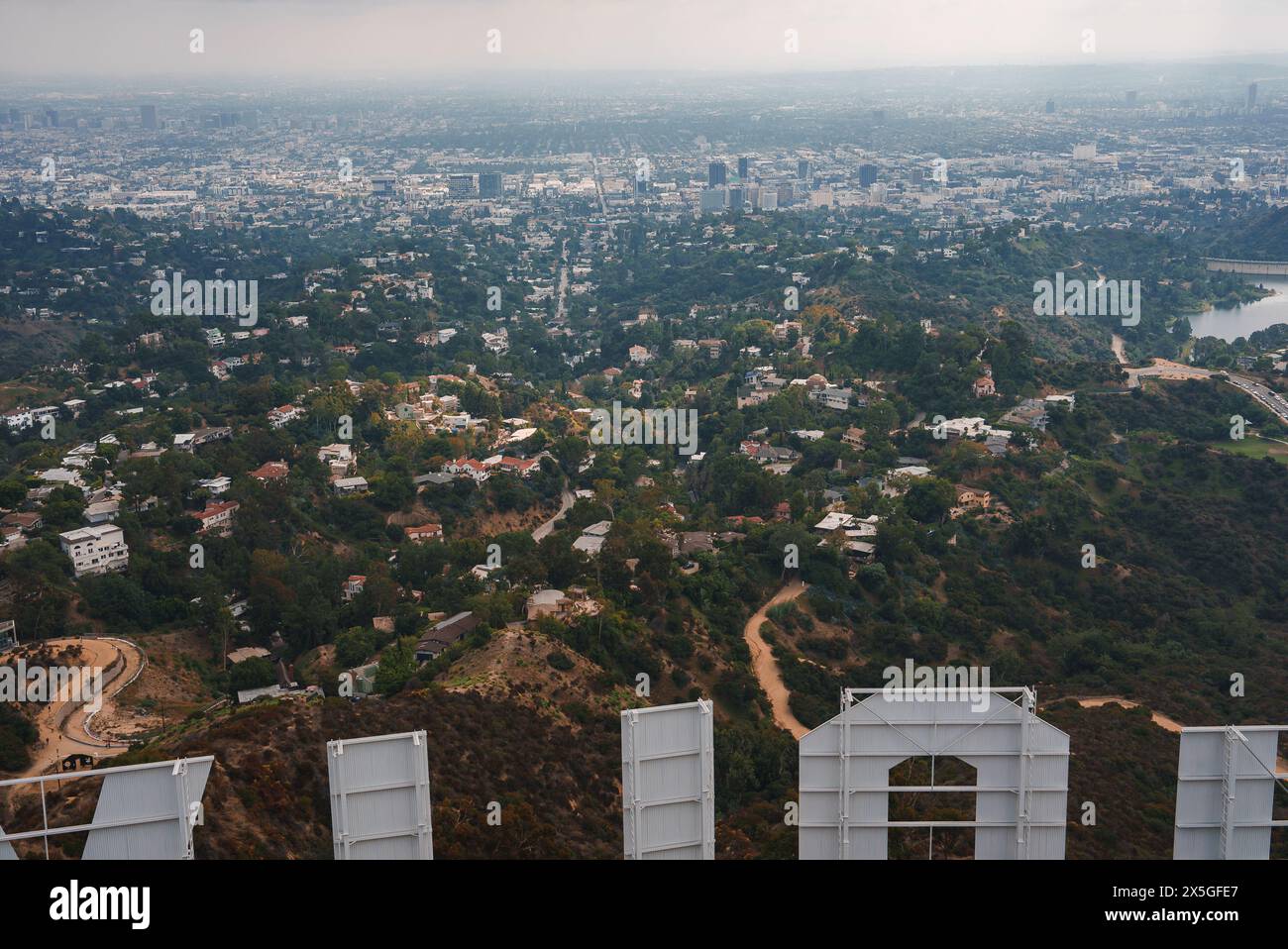 Aerial view of Hollywood Sign overlooking Los Angeles Cityscape Stock ...
