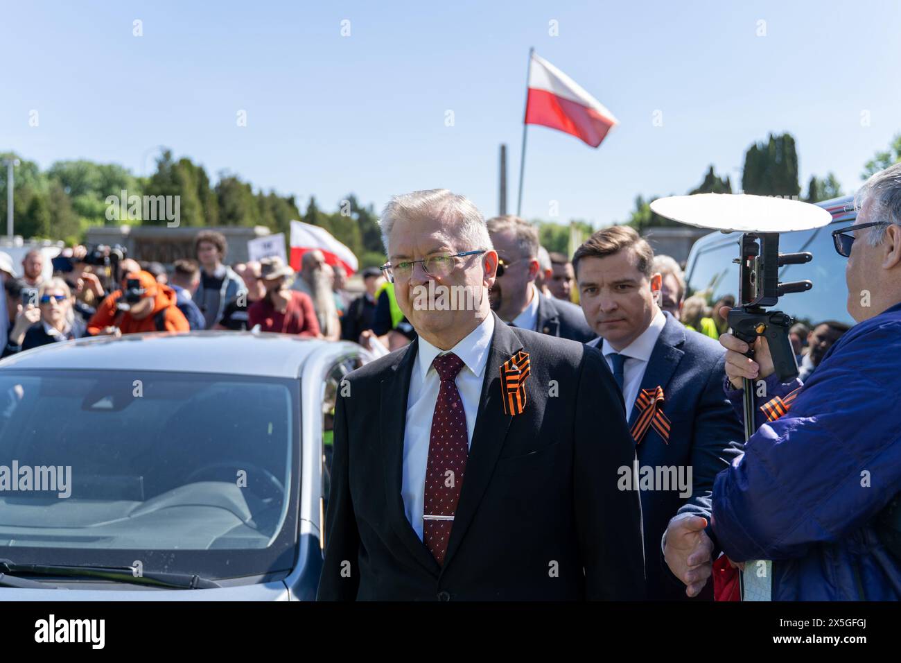 Warsaw, Poland. 09th May, 2024. Russian Ambassador Sergei Andreev looks at the camera while ...