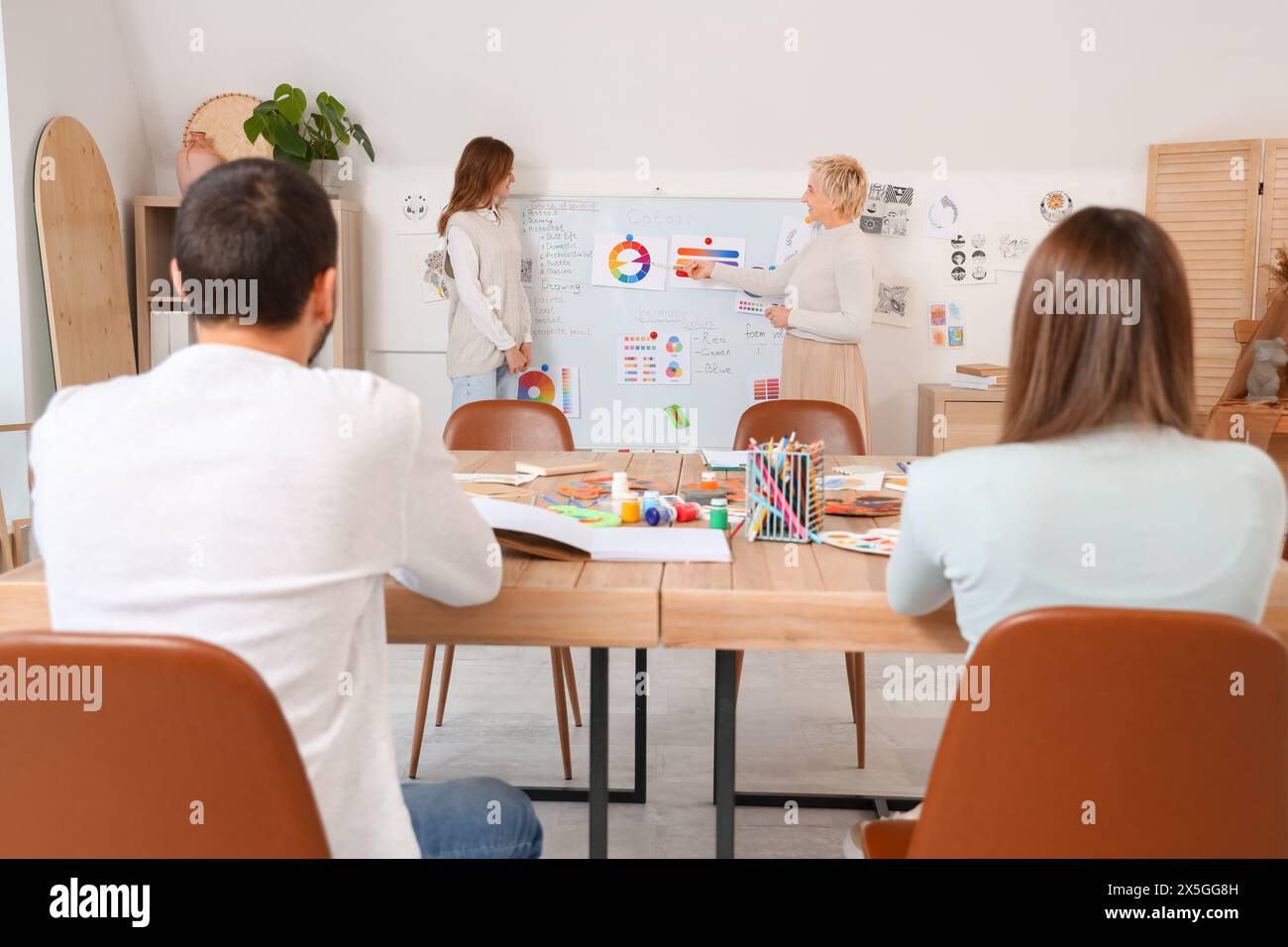 Mature art teacher giving lecture to students at school Stock Photo - Alamy