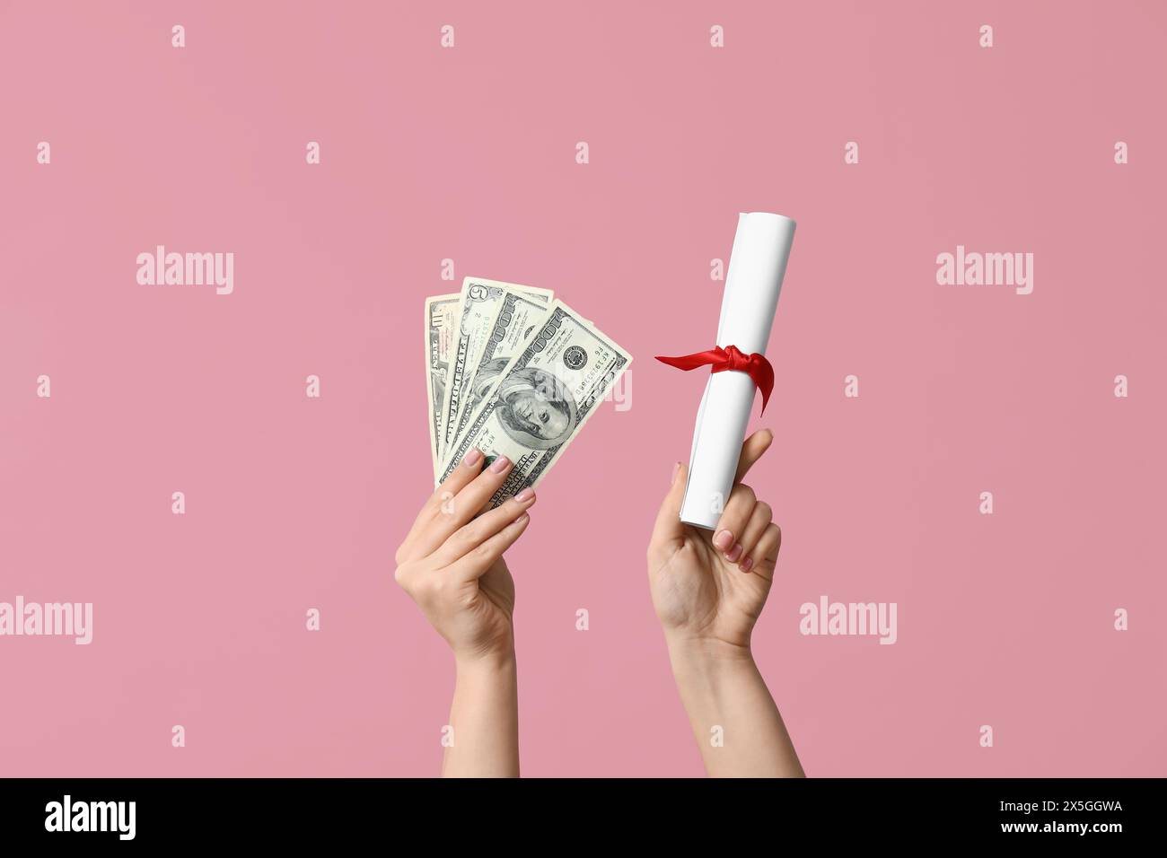 Female hands money diploma hi-res stock photography and images - Alamy