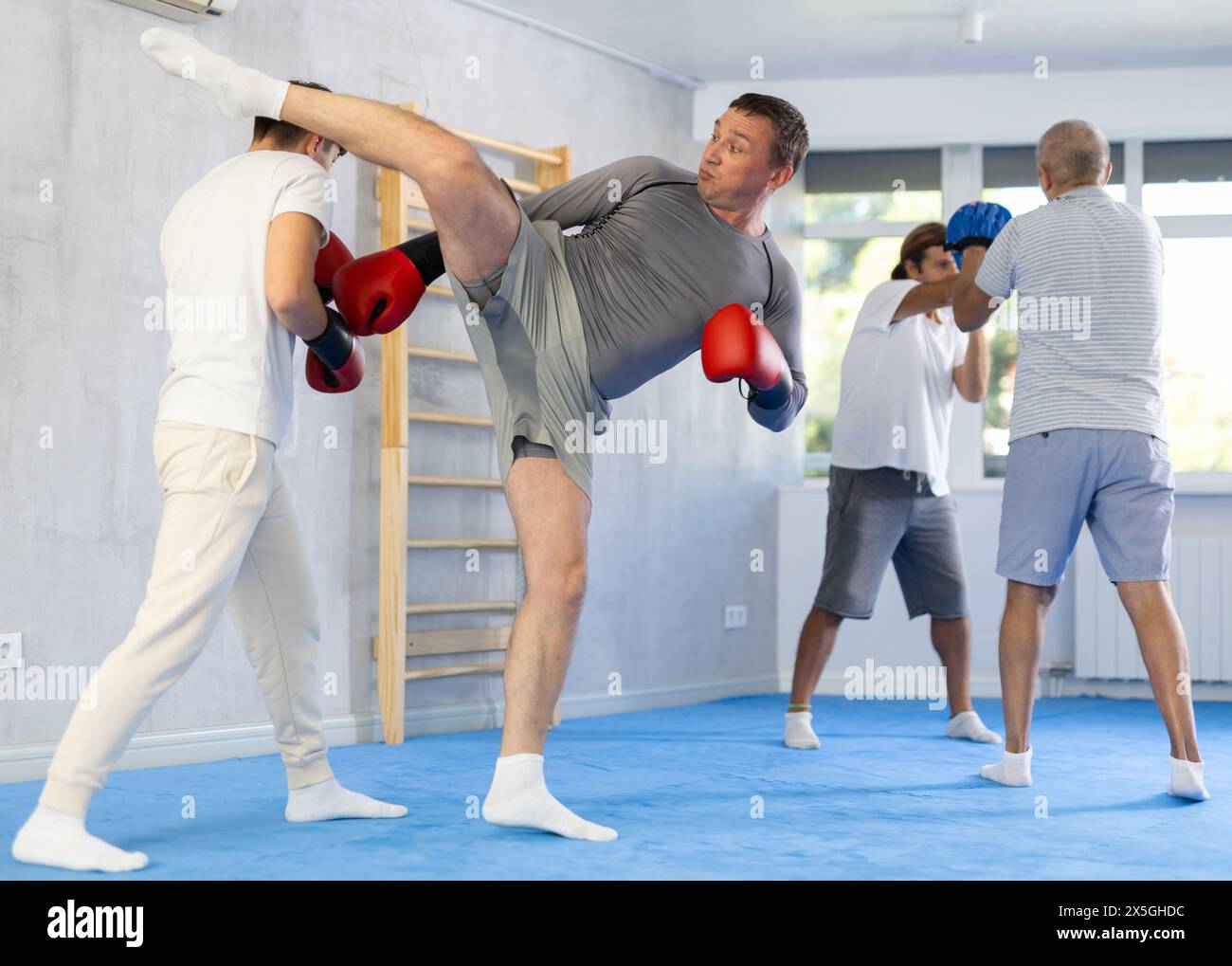 Kickboxing - an athlete kicks in sparring during training in gym Stock ...