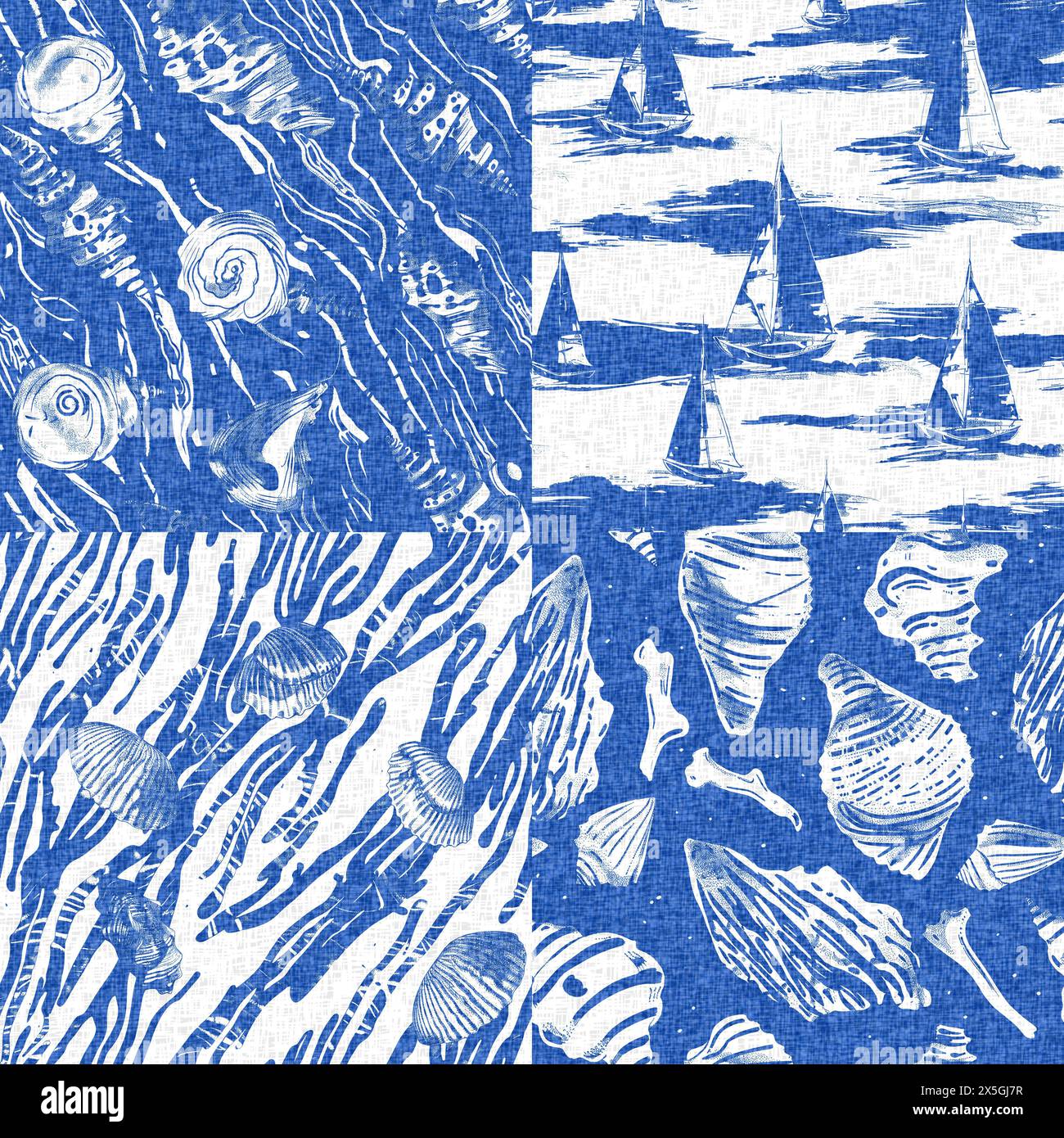 Coastal summer patchwork sail boat in azure ocean blue seamless ...