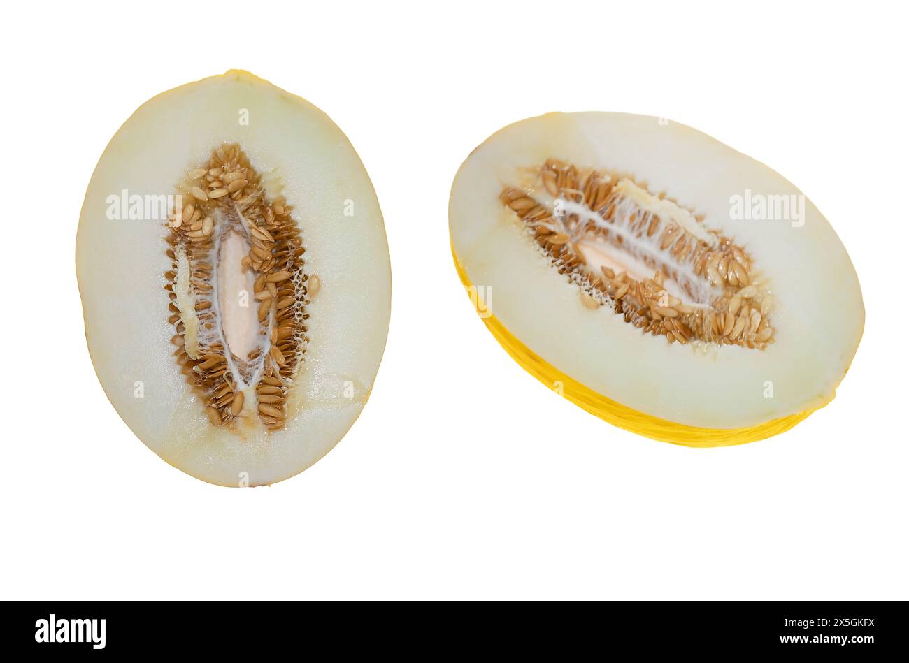 Melon cut with seeds isolated on white background.Summer fruits. Yellow ...