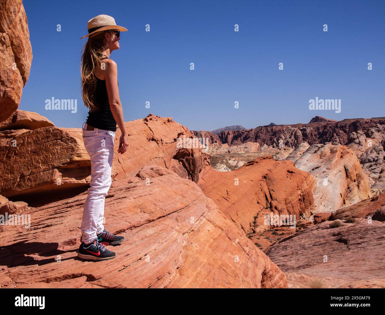 A woman in a chic black and white outfit pauses to admire the vastness ...