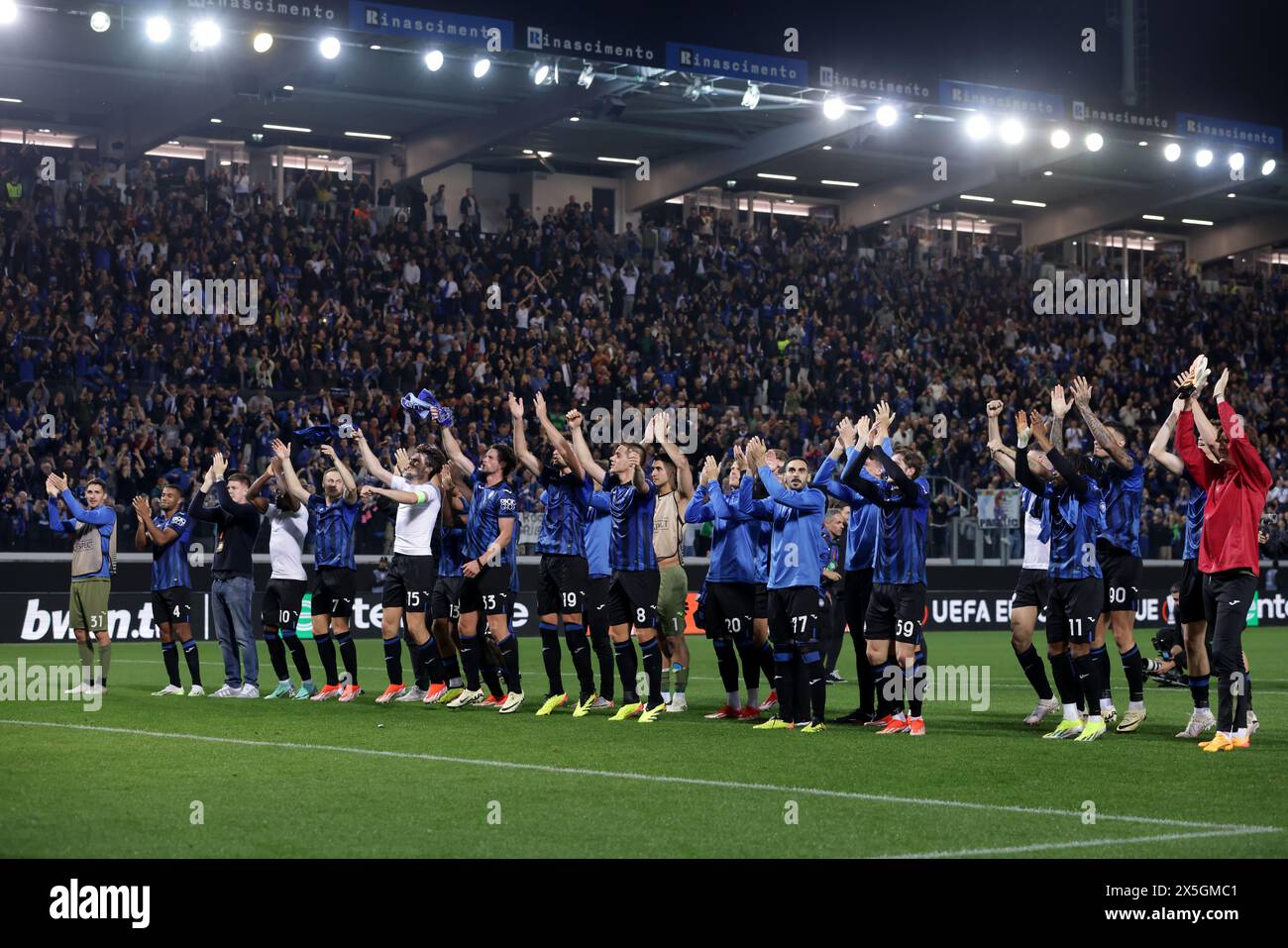 Bergamo, Italy. 9th May, 2024. Atalanta BC players celebrate in front ...