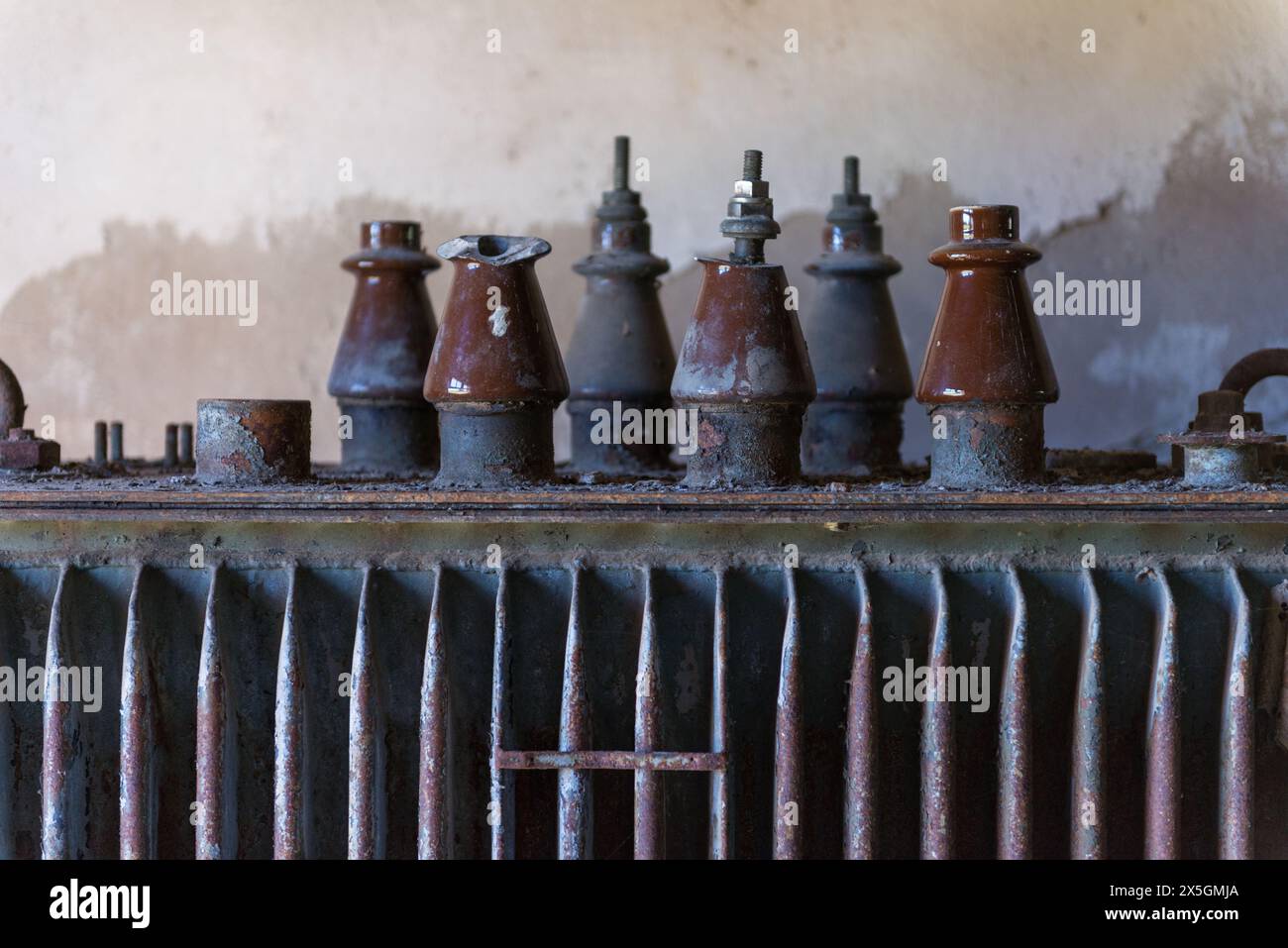 A row of old, rusted metal objects sit on a table. The objects are all ...