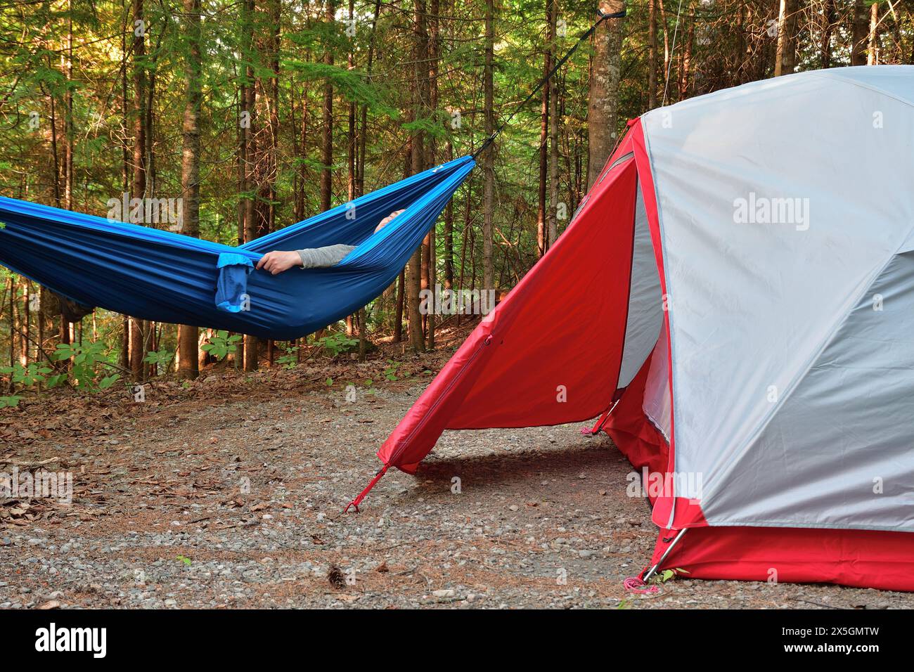 Happy camper relaxing. Camping setup with gray and red tent and bleu ...