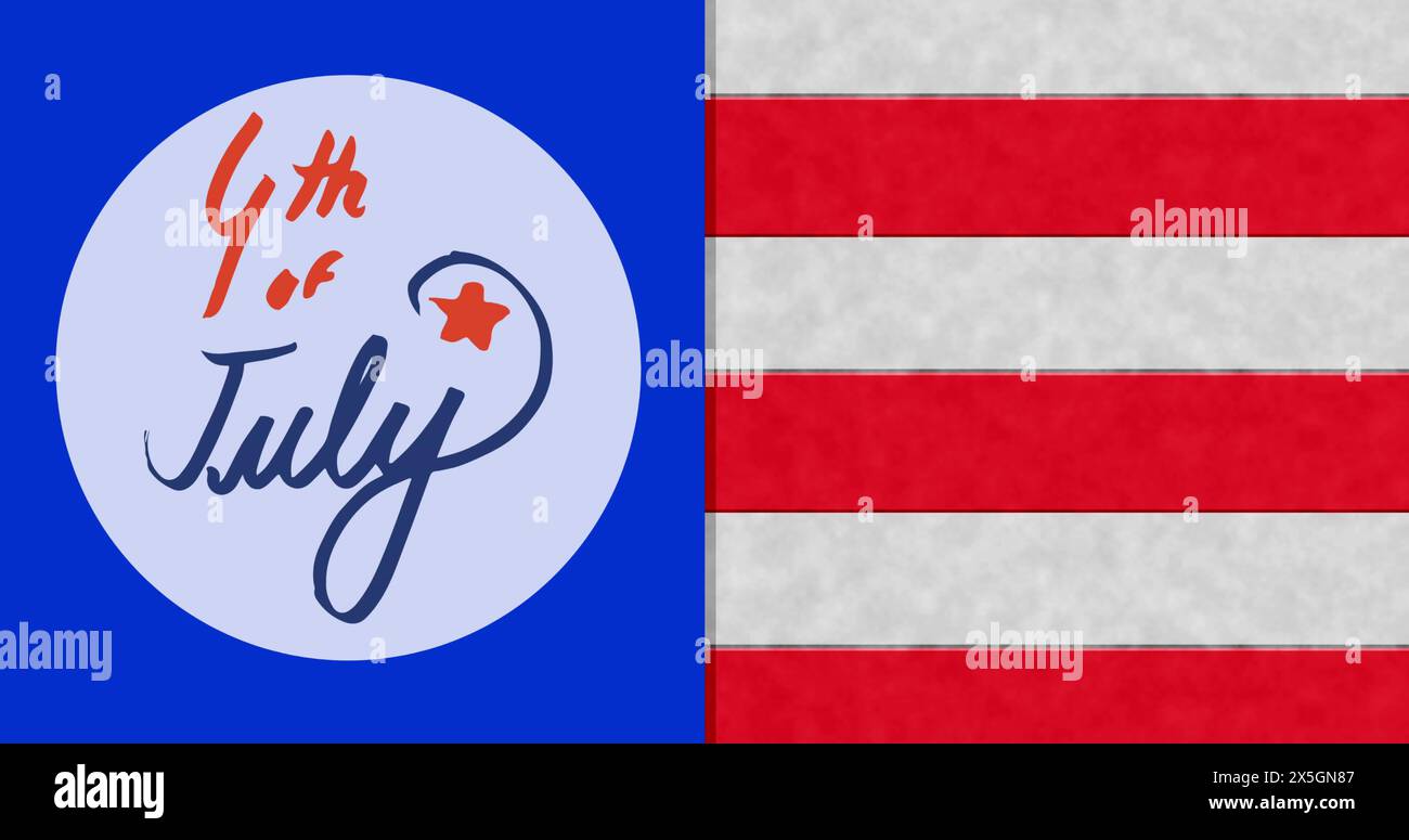 Image of 4th of july text over white and red stripes on blue background ...