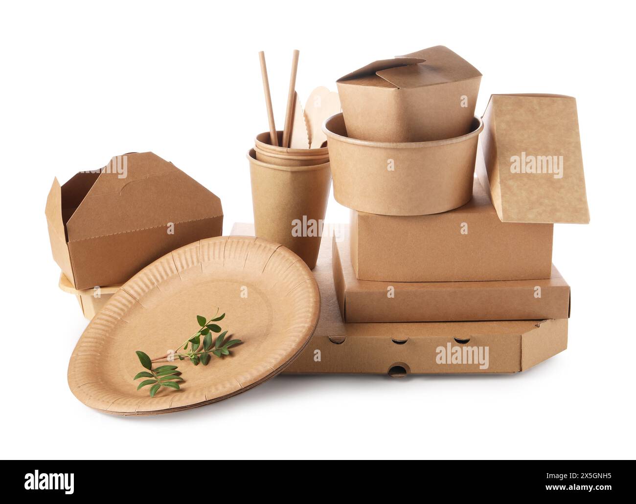 Eco friendly food packagings, tableware and twigs isolated on white ...