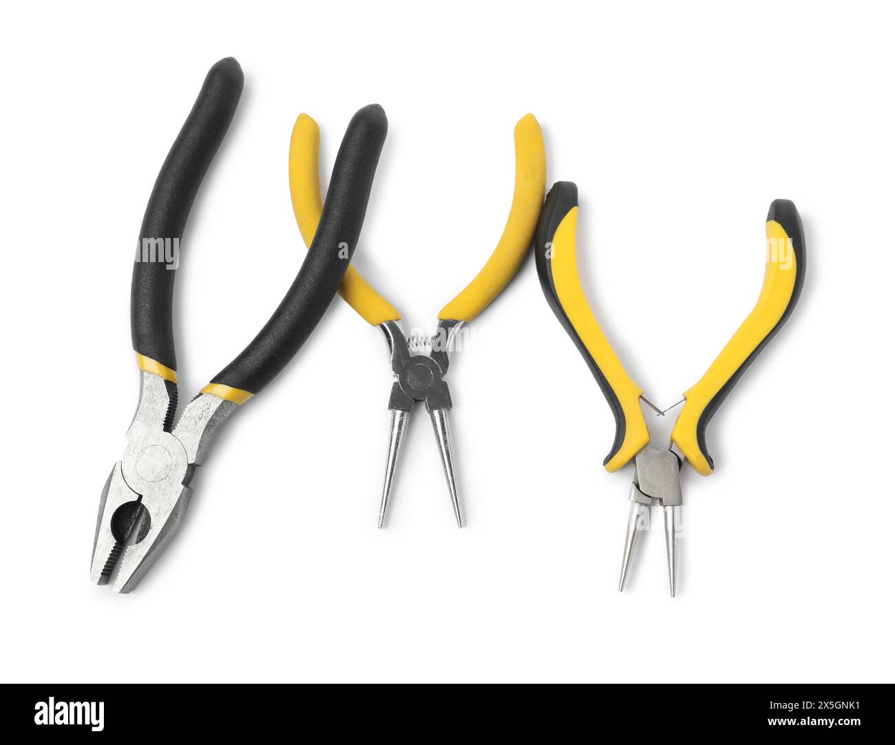 Group of different pliers isolated on white, top view Stock Photo - Alamy