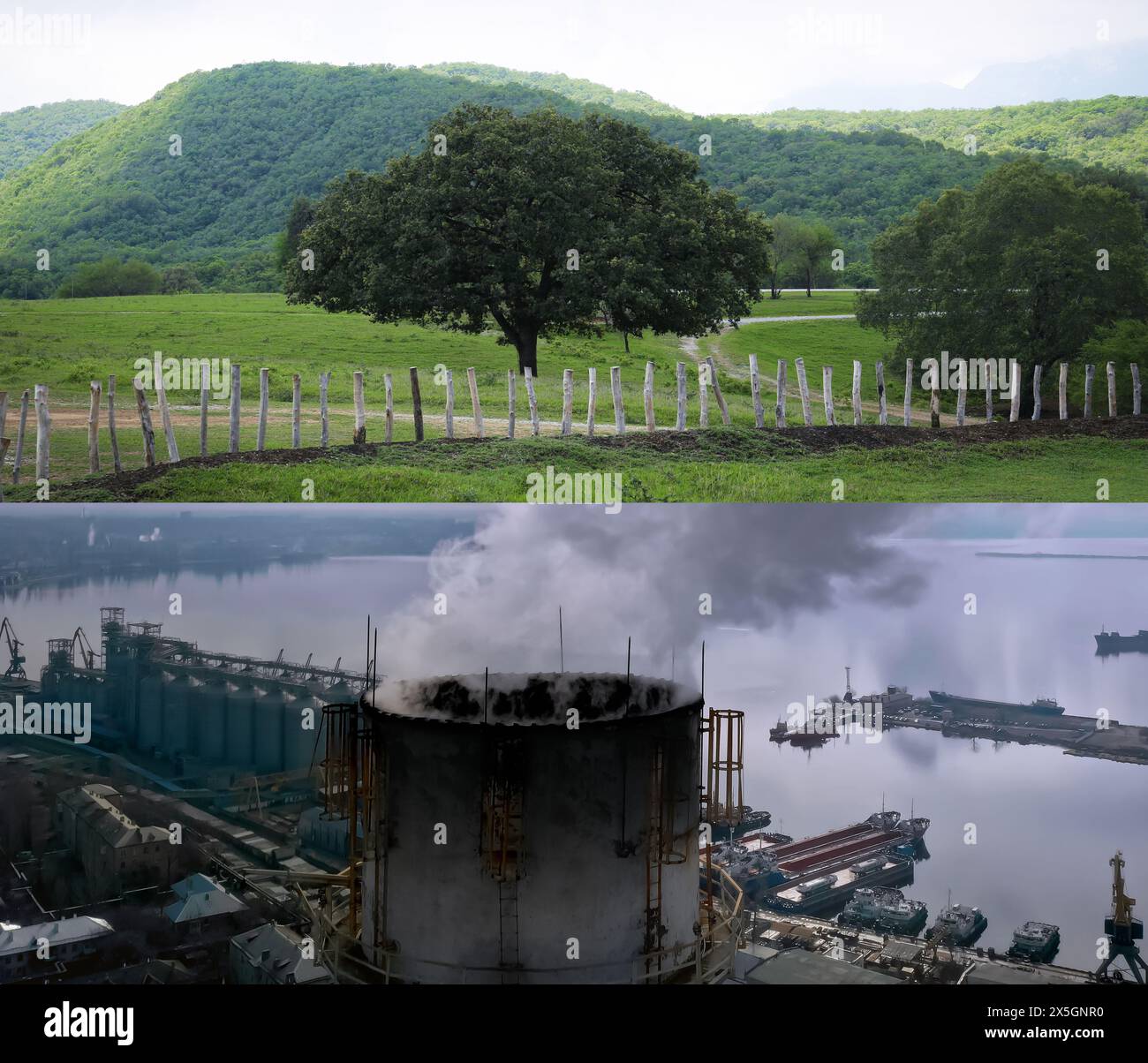 Environmental pollution. Collage divided into mountain landscape and ...