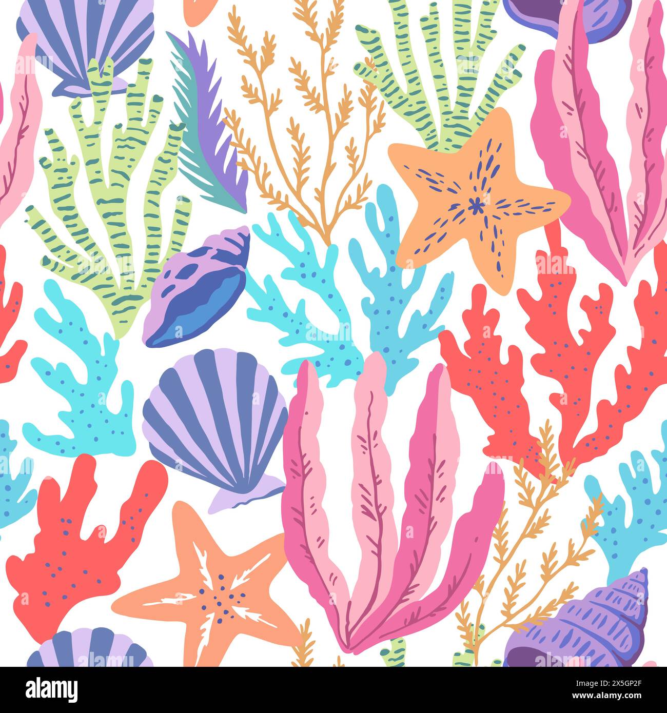 Seamless pattern with colorful sea elements, corals, seaweeds, shells ...
