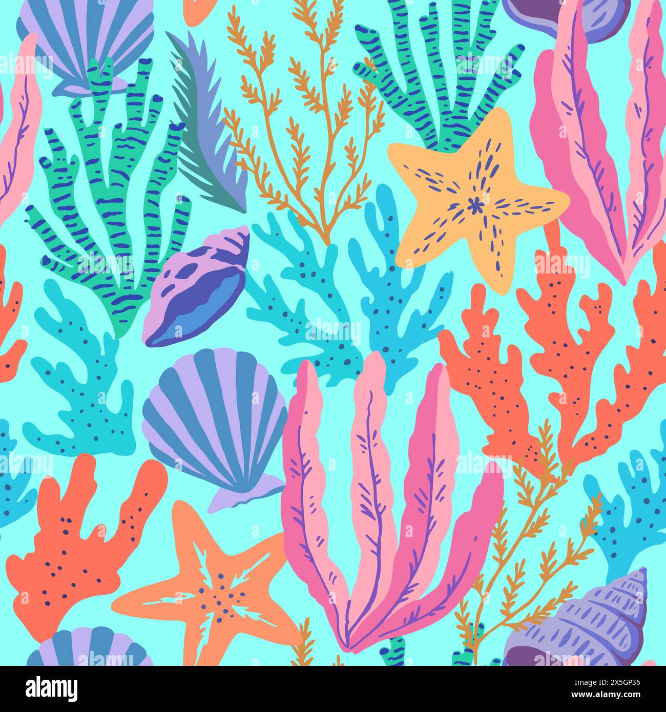 Seamless pattern with colorful sea elements, corals, seaweeds, shells ...