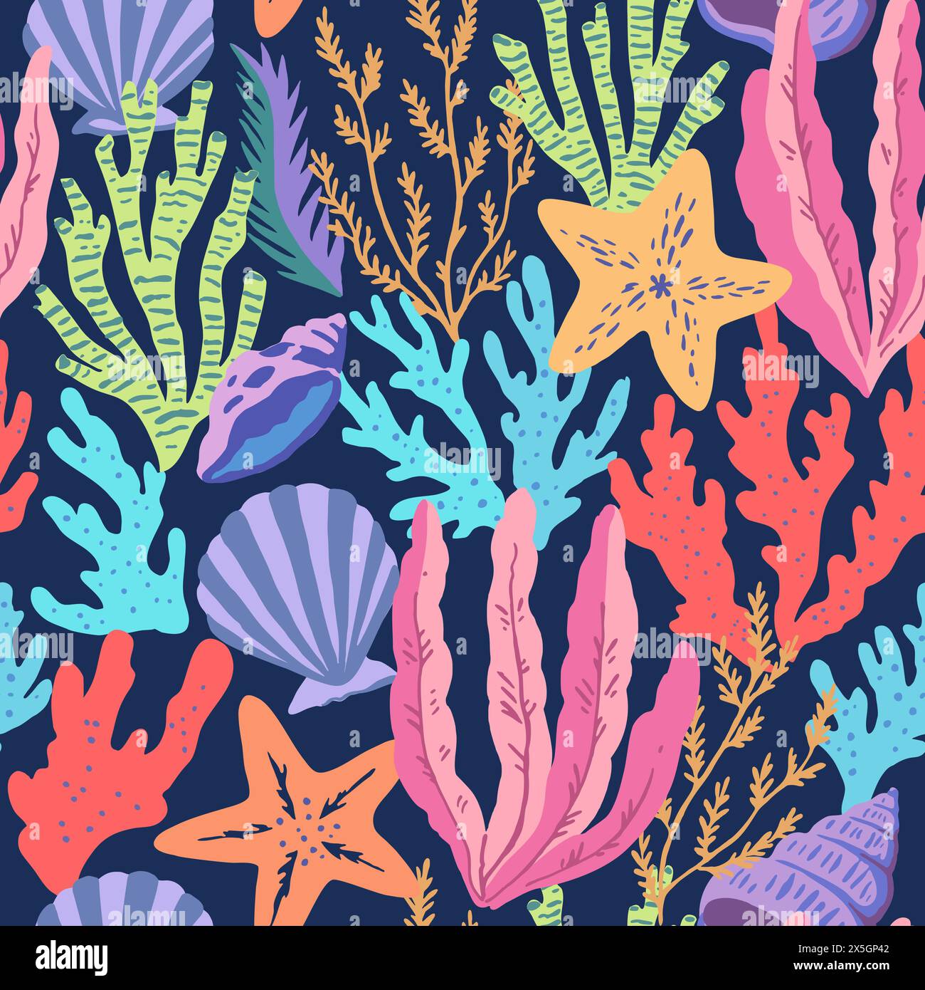 Seamless pattern with colorful sea elements, corals, seaweeds, shells ...