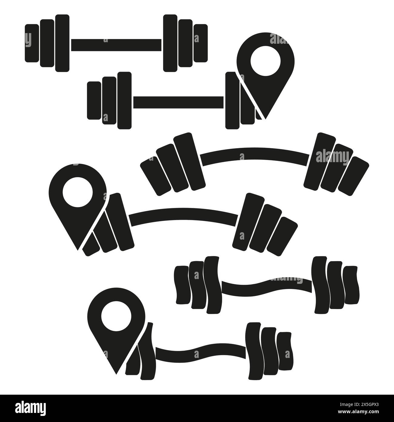 Fitness journey icons. Dumbbells and location pins vector design ...