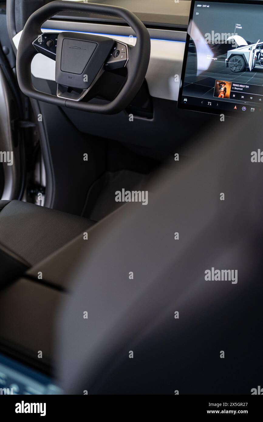 Interior view of a Tesla Cybertruck with touchscreen display Stock ...