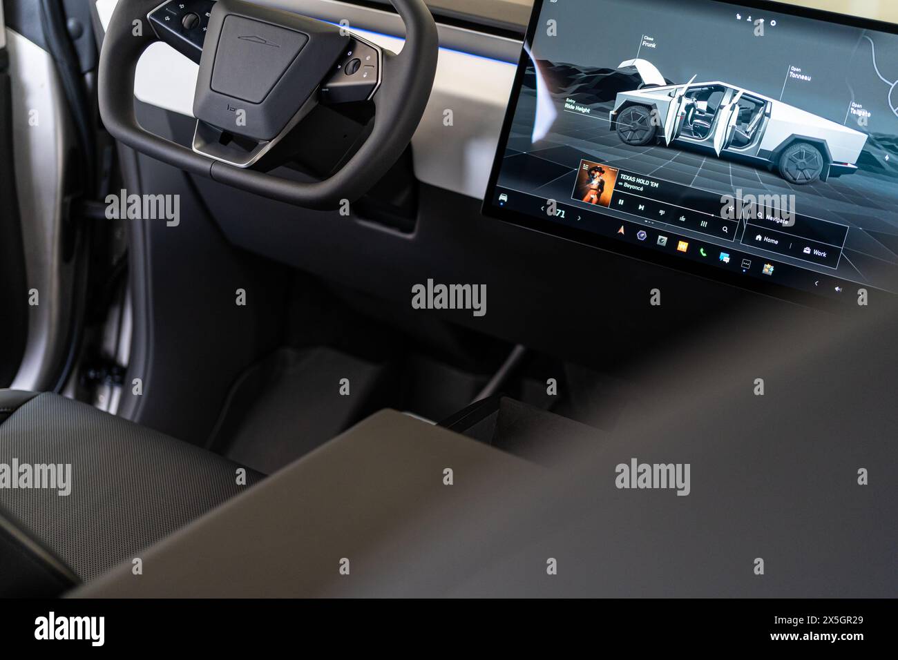 Interior view of a Tesla Cybertruck with touchscreen display Stock ...