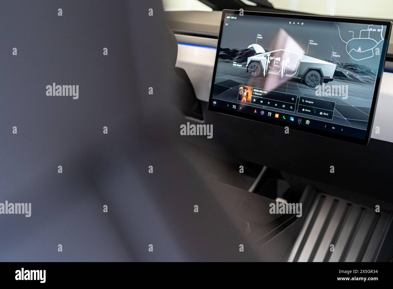 Interior view of a Tesla Cybertruck with touchscreen display Stock ...