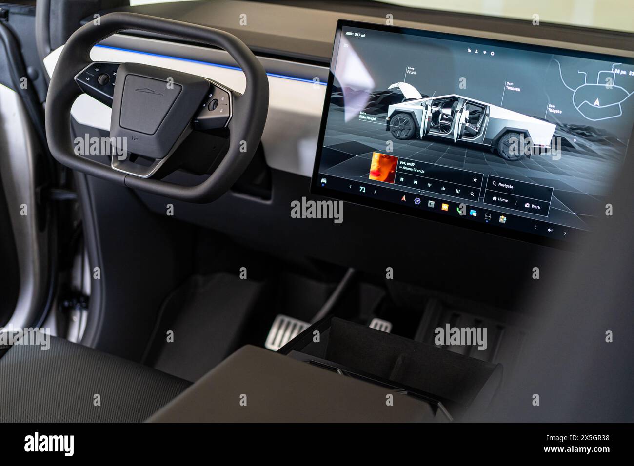 Interior view of a Tesla Cybertruck with touchscreen display Stock ...