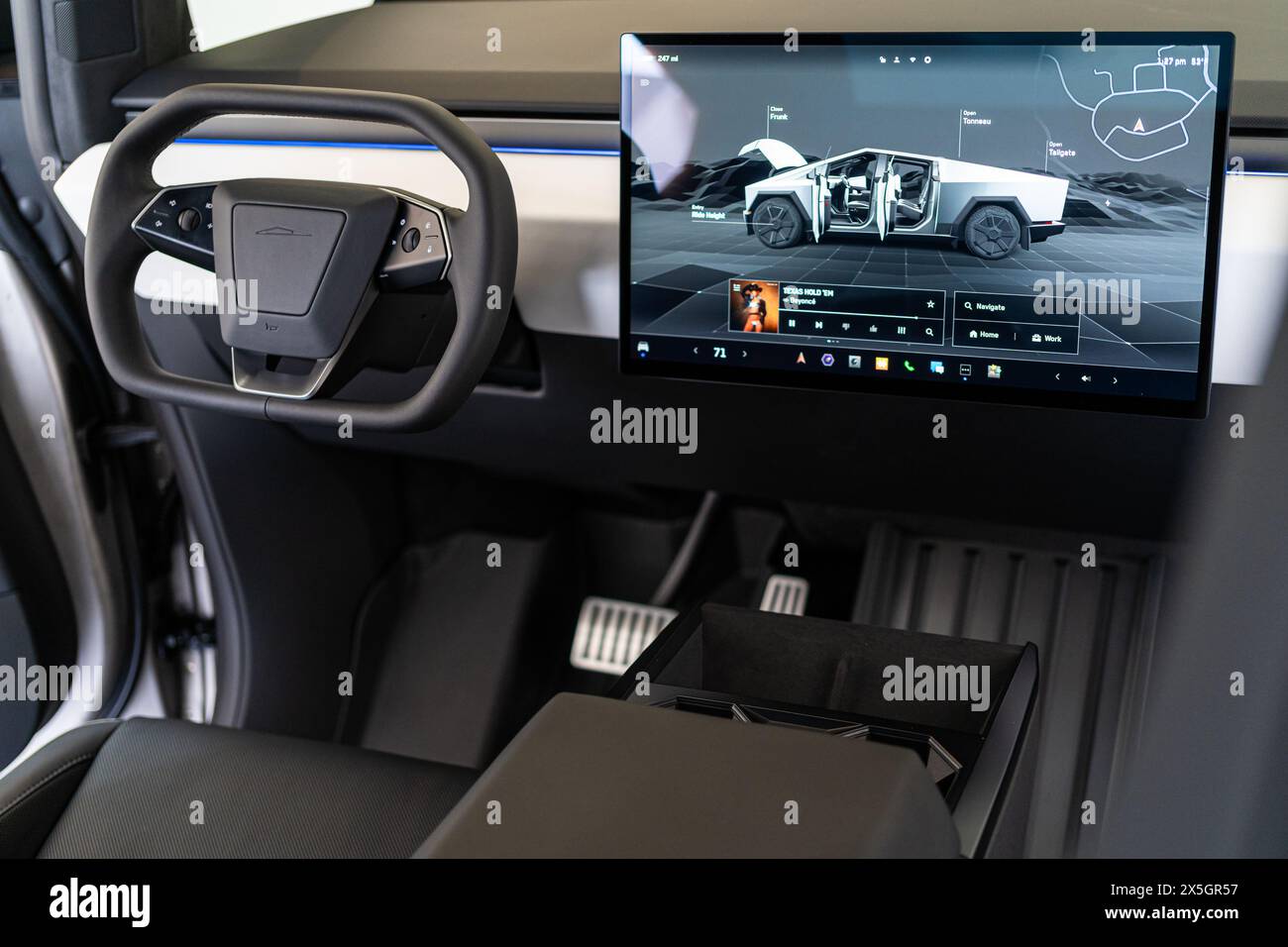 Interior view of a Tesla Cybertruck with touchscreen display Stock ...