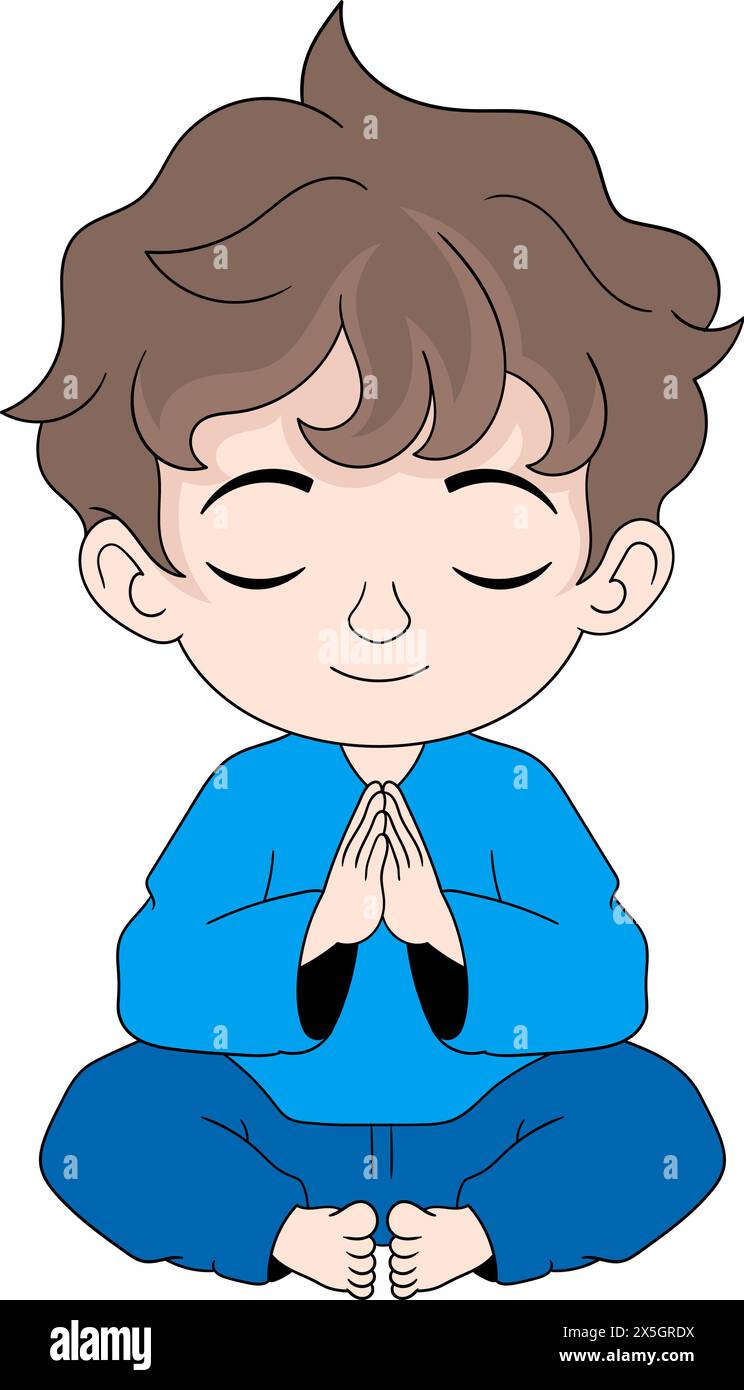 illustration of a religious person, boy sitting in meditation and ...