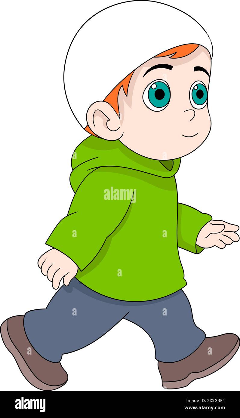 illustration of a religious person, Muslim boy walking to the mosque to ...