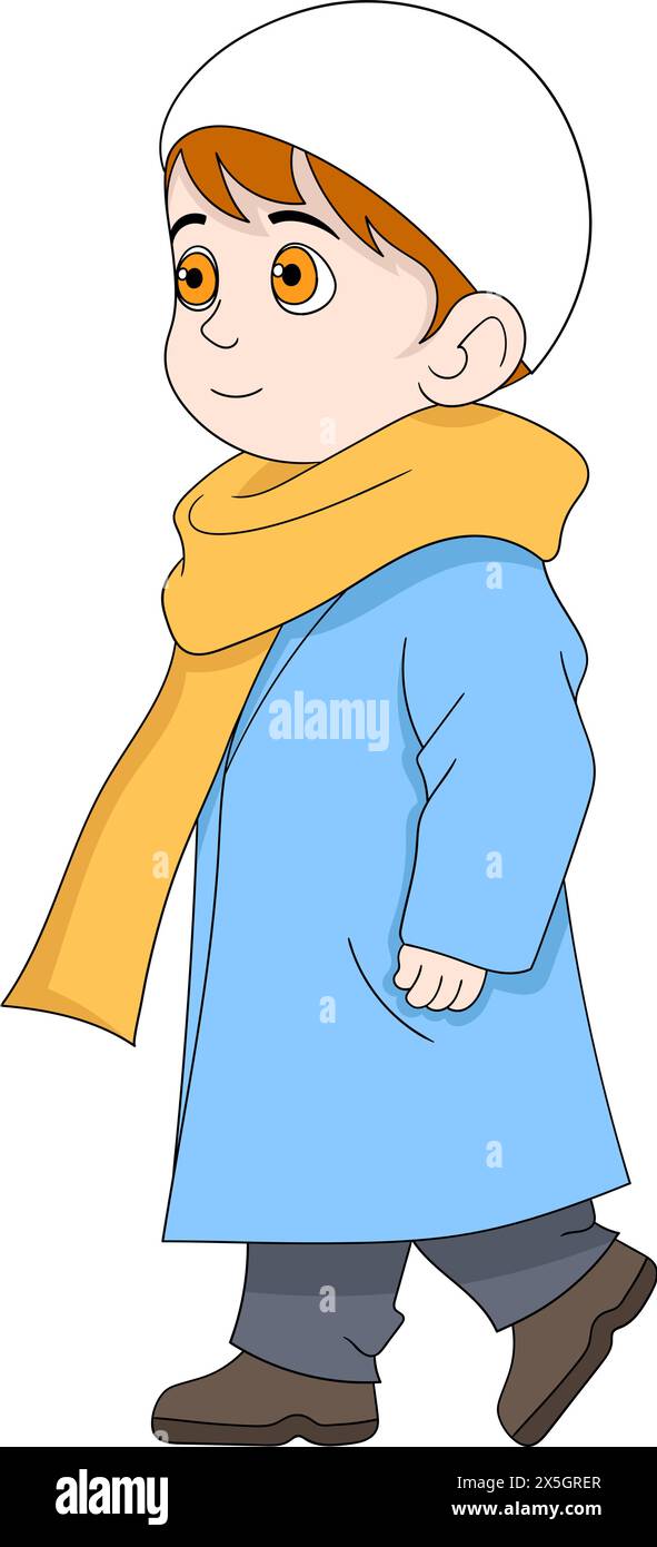 illustration of a religious person, Muslim boy wearing a scarf walking ...
