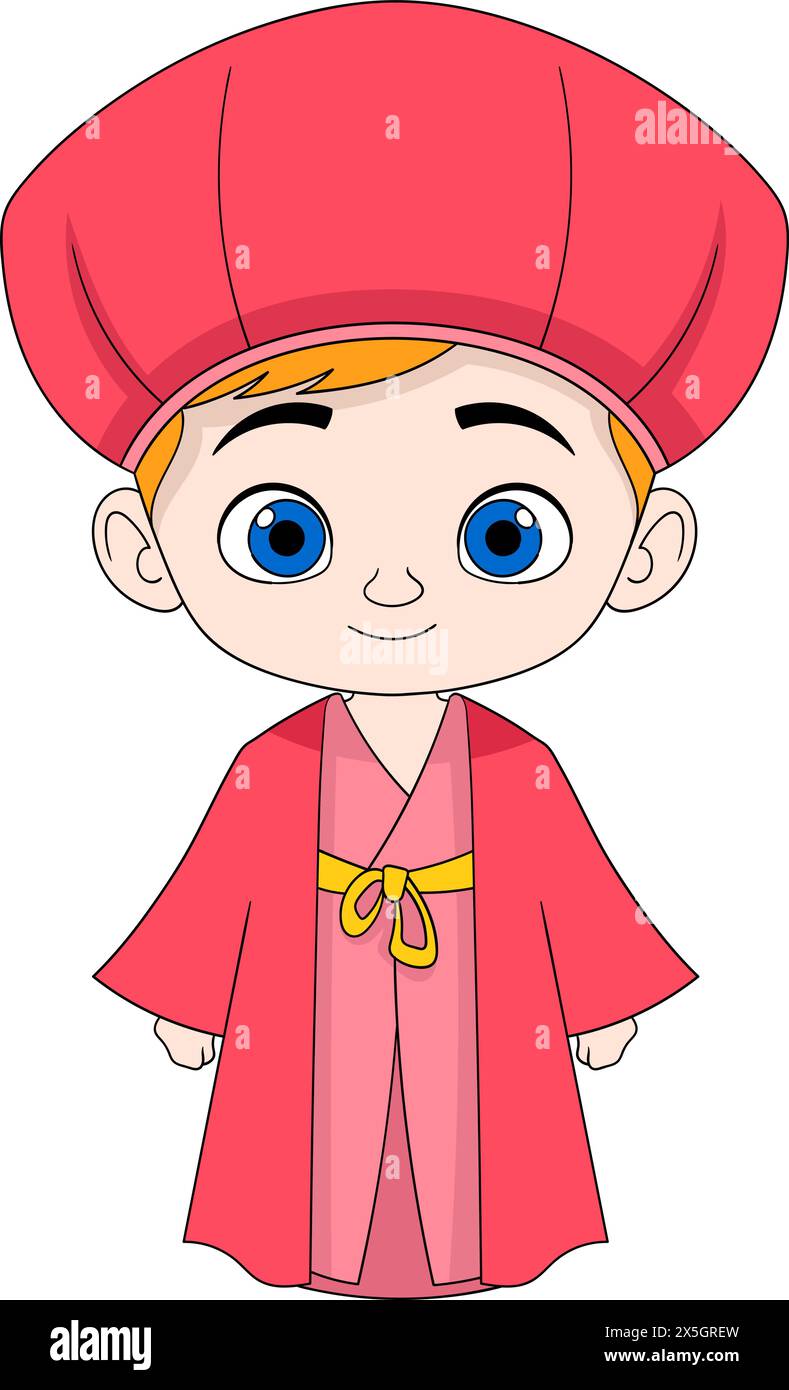 Cultural cartoon doodle illustration, young man wearing red Chinese ...
